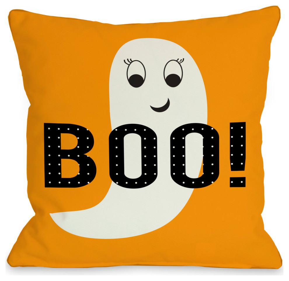 Smiley Ghost Boo Dot Orange White Pillow by OBC, 18x18 - Contemporary ...