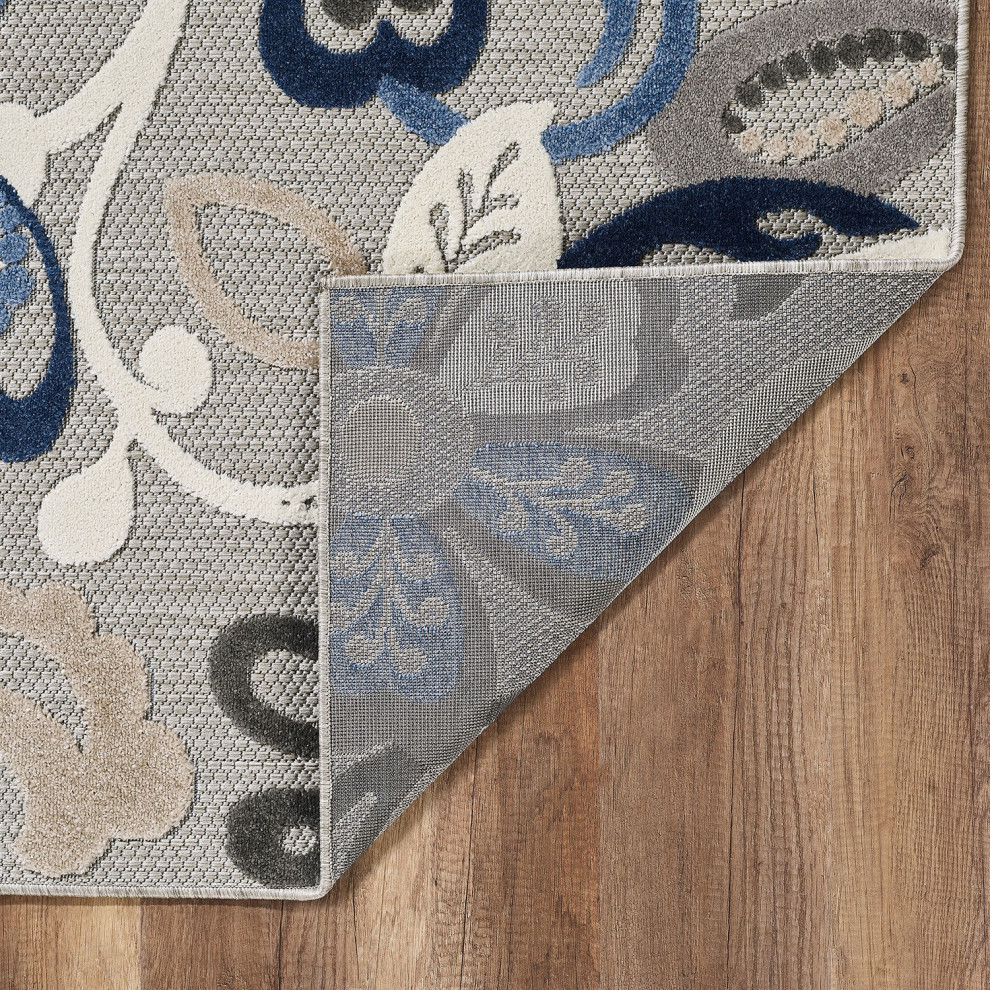 7"x9" Blue Gray Jacobean Floral Indoor Outdoor Area Rug - Contemporary ...