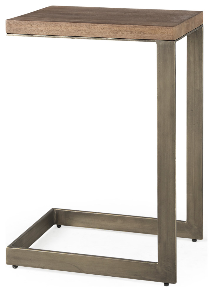 Faye Medium Brown Wood With Antique Nickel Finished Metal Base C Side Table - Transitional ...