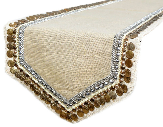 Decorative Table Runner Beige Burlap, Lace, Bead, Sequins Marima, 16 ...