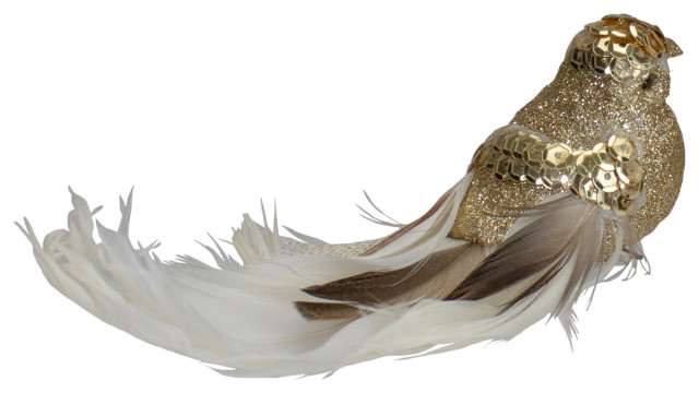 6" Gold and White Embellished Bird With Clip Christmas Ornament ...
