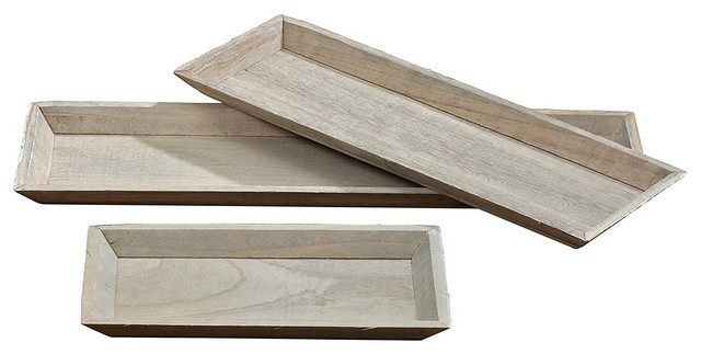 3 Piece Beveled Wood Tray Set, 21 3/4, 17 3/4, and 11 3/4 Inches Long ...