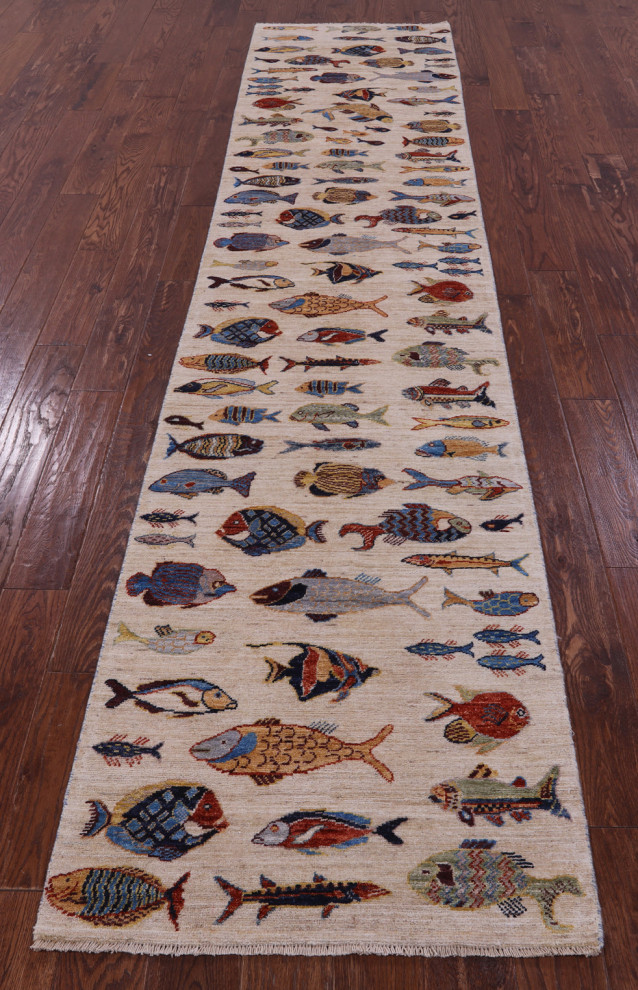 2' 8" X 11' 8" Handmade Gabbeh Fish Design Wool Runner Rug - Q20584, 2 ...