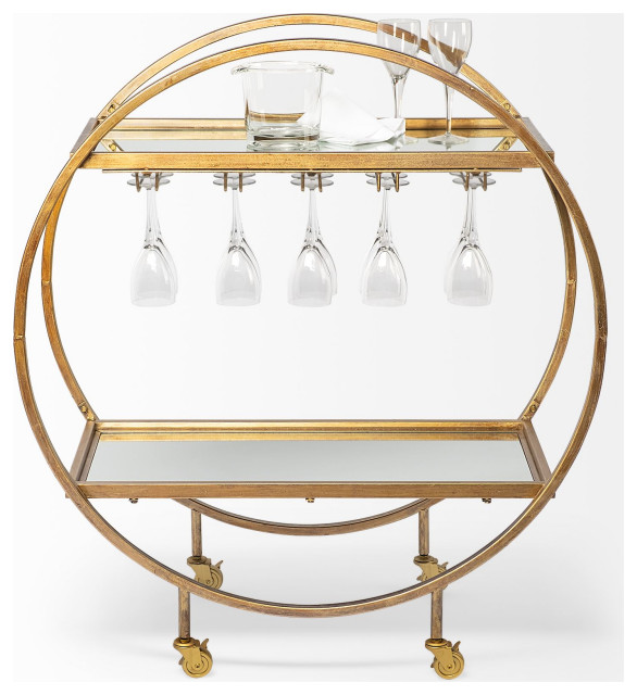 HomeRoots Showstopper Circular Rolling Gold Bar Cart, 18.0L x 36.0W x ...