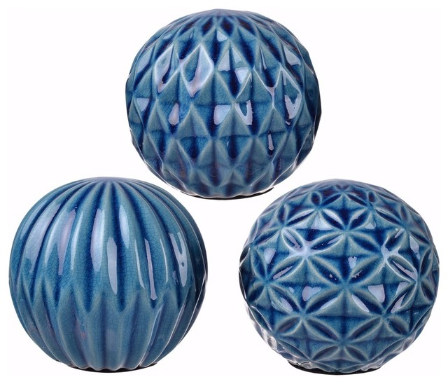 Marbleized Ball Accents Blue Patterned, Set of three - Contemporary ...