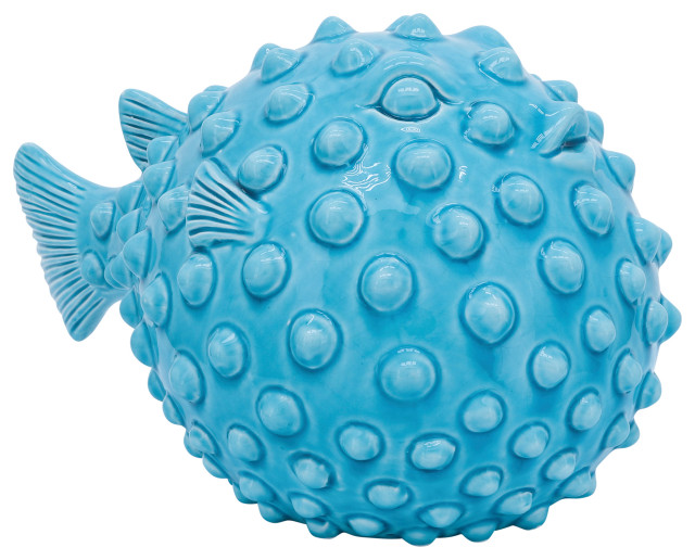 Ceramic 13" Puffer Fish, Blue, 13x8x8" - Beach Style - Decorative ...