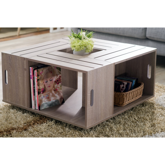 Square Coffee Table with Casters, Flip-Top Tray, and Four Shelves ...