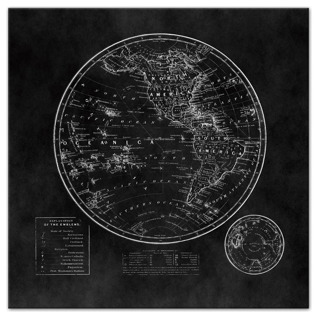 Round World Map Black Canvas Wall Art, 36x36 - Contemporary - Prints ...
