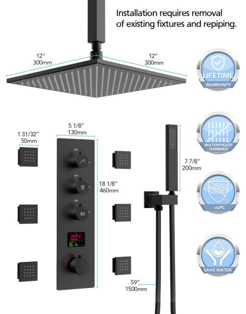 Digital Shower System LED 12" Rain Shower Head With 4-Way Faucet ...