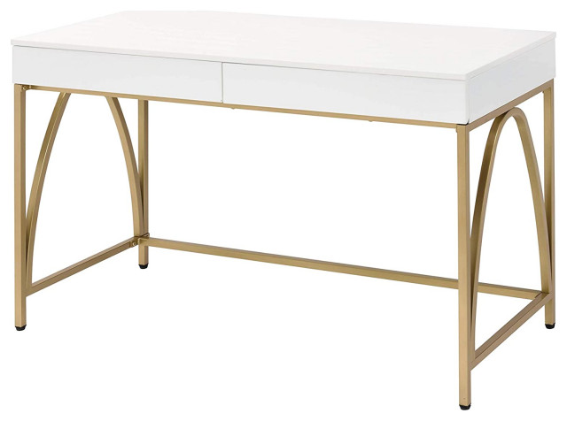 Elegant Desk, Golden Frame With Curved Accents and 2 Drawers, High ...