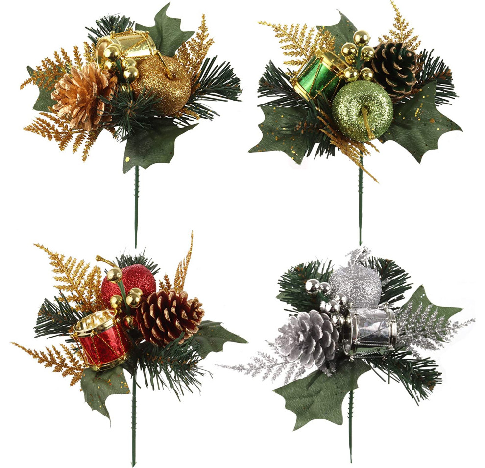 4pc Glitter Wreath Pick Set - Fruit, Cone, Drum - Traditional ...