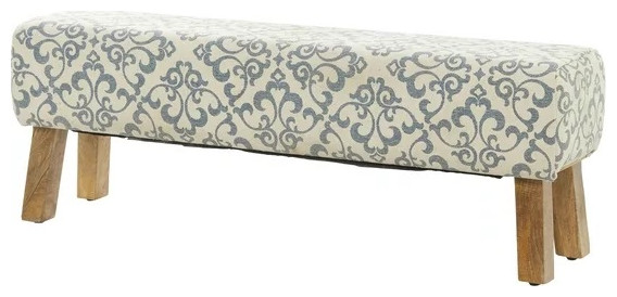 Cream Bohemian Bench with Mango Wood Legs and Patterned Upholstery ...