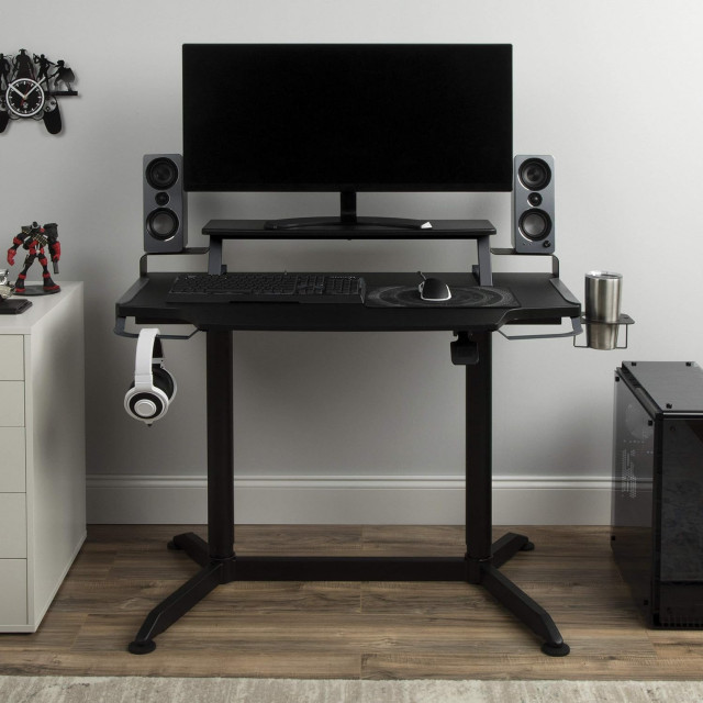 Modern Gaming Desk, Metal Frame With Spacious Top & Raised Shelf, Gray ...