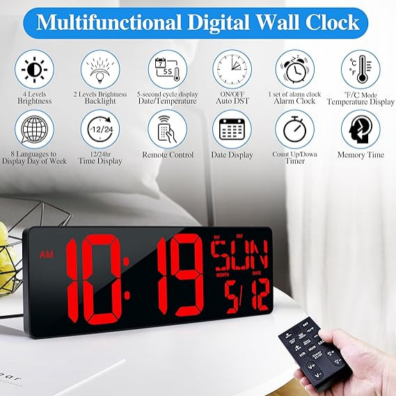 Large Digital Wall Clock with Remote Control 17.2" LED Large Display ...