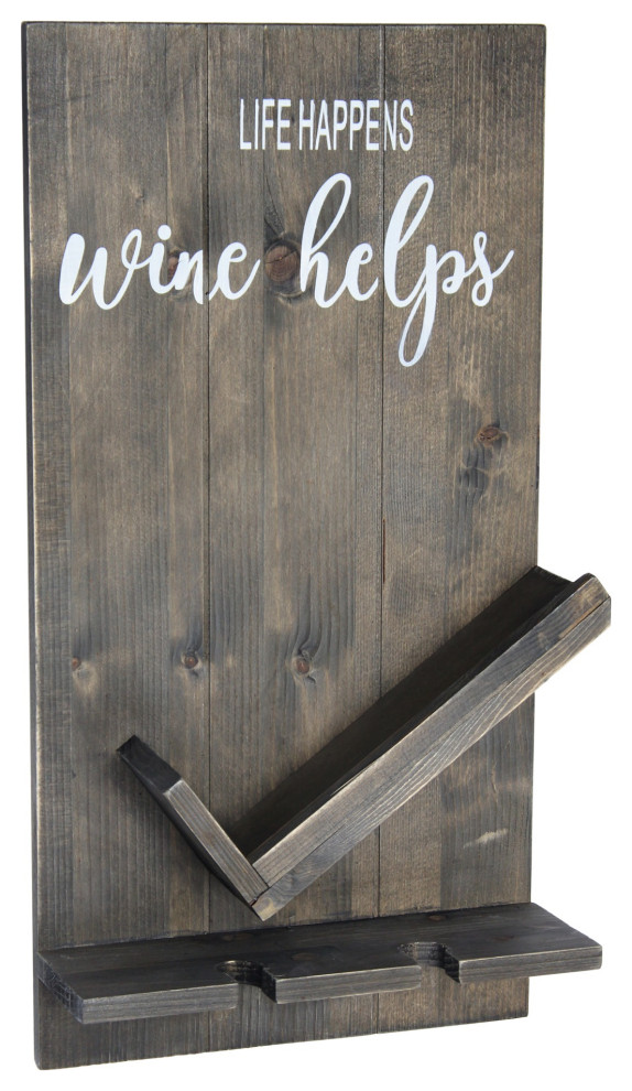 Lucca Wall Mounted Wooden Wine Bottle Shelf With Glass Holder, Rustic ...