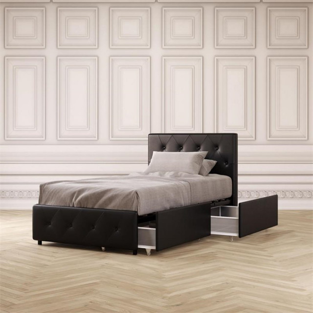 DHP Dakota Twin Upholstered Bed with Storage Drawers in Black Faux ...
