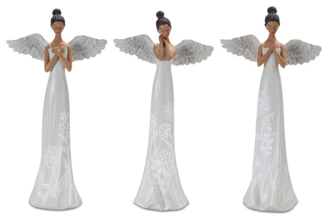Floral Etched Angel Figurine, 3-Piece Set - Contemporary - Decorative ...