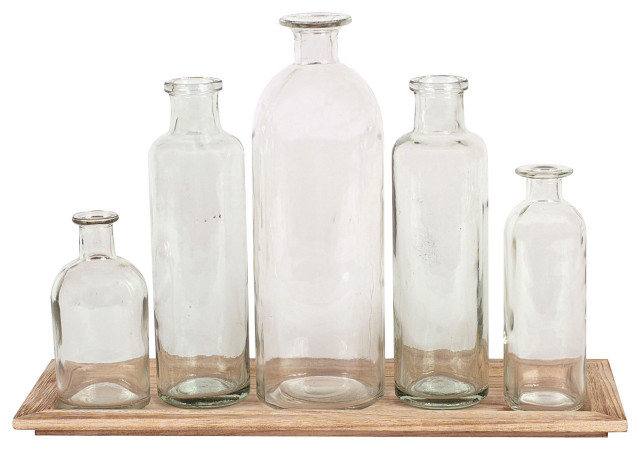 Vintage Bottle Vases on Wood Tray, 5-Piece Set - Transitional - Vases ...