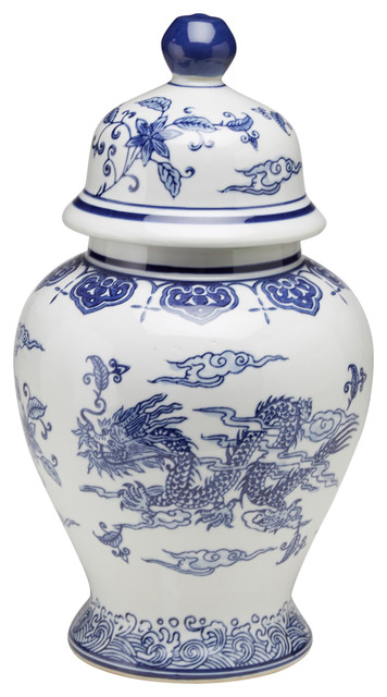 14" Blue and White Ginger Jar With Lid - Asian - Decorative Jars And ...