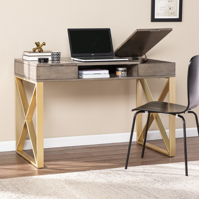 Modern Gray and Gold Writing Desk with Storage - Contemporary - Desks ...