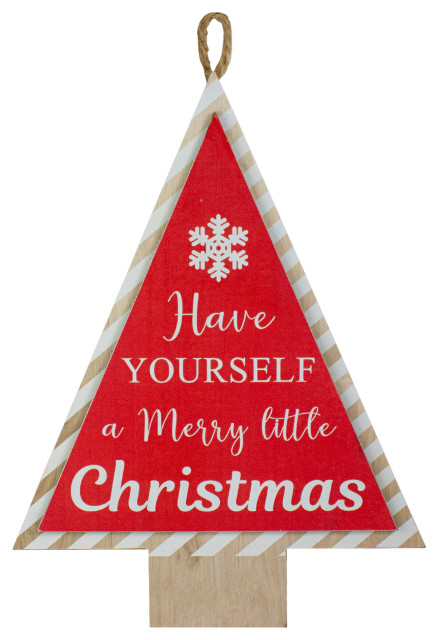 15.5" Red and White Merry Little Christmas Tree Wooden Hanging Wall ...