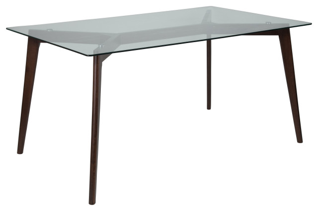 Parkside 35.25" x 59" Rectangular Solid Espresso Wood Table with Clear Glass Top - Midcentury ...