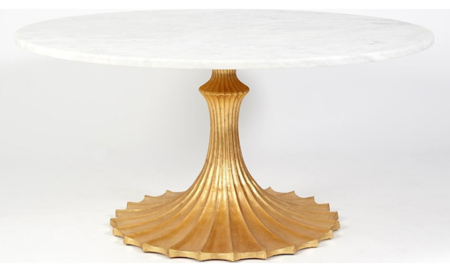 Flute Dining Table, 60" Round White Marble Top with Gold Leaf Base ...