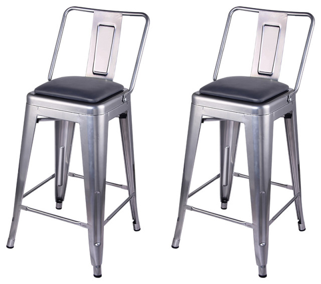 Highback Silver Metal Bar Stools, With Vegan Leather Seat, Set of 2 ...