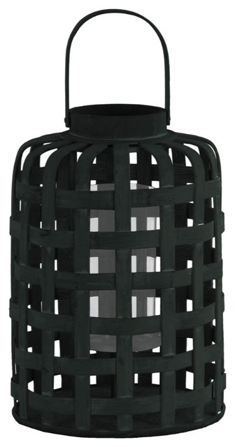 Wood Round Lantern with Lattice Design Body and Handle, Black ...