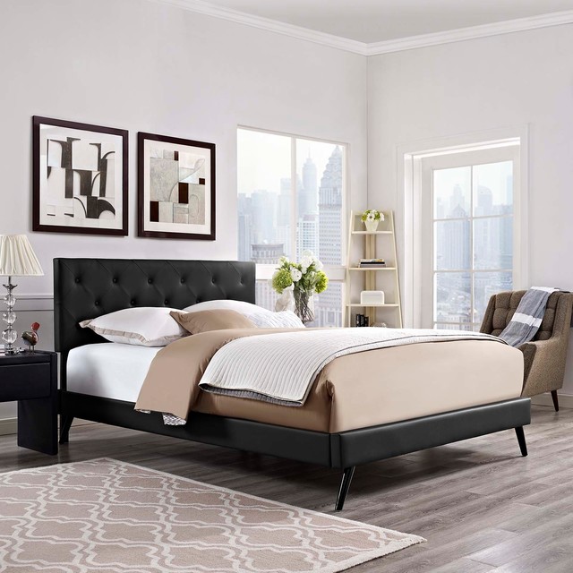 Tarah Full Vinyl Platform Bed with Round Splayed Legs, Black ...
