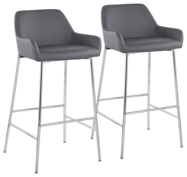 Daniella Fixed-Height Bar Stool, Chrome Metal/Gray Faux Leather, Set of ...
