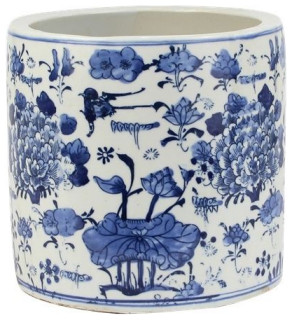 Blue & White Orchid Pot Swallow Flower Motif - Asian - Indoor Pots And ...