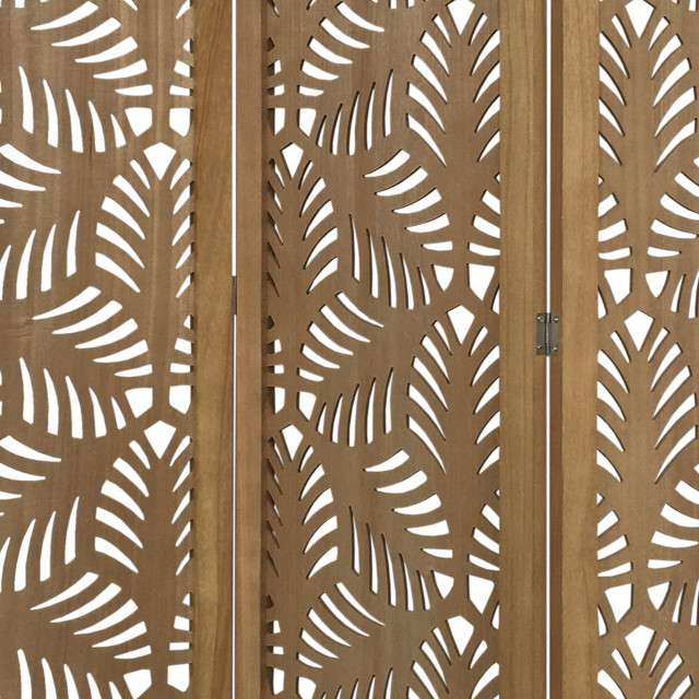 3 Panel Wooden Screen with Laser Cut Tropical Leaf Design, Brown ...