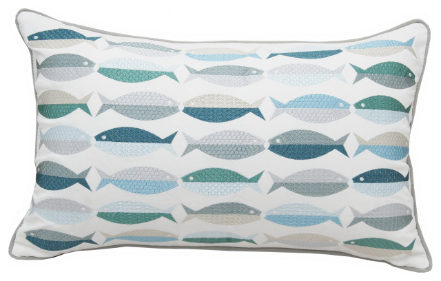 Embroidered Modern Fish Indoor/Outdoor Pillow - Beach Style - Outdoor ...