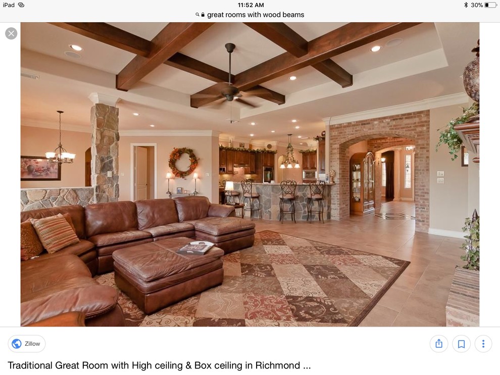 Coffered ceiling with wood beams