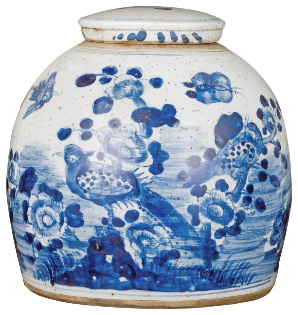 Legend of Asia Blue And White Vintage Flower Bird Motif Ming Large Jar ...