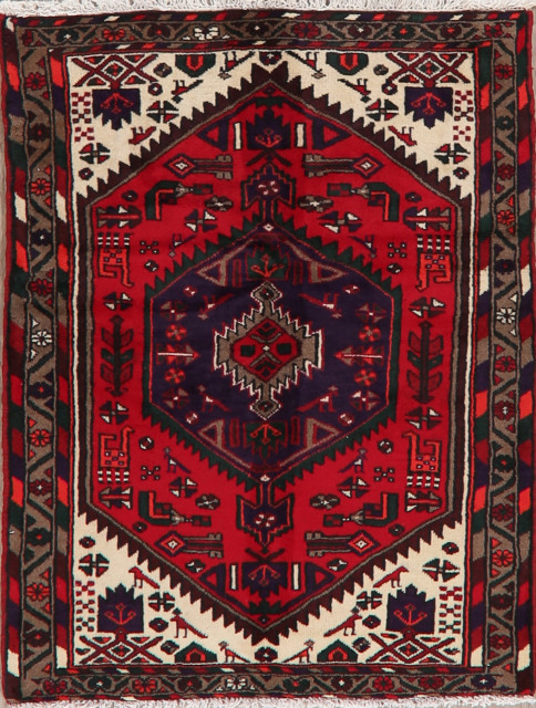 Traditional Medallion Handmade Bordered Hamedan Oriental Area Rug, Red ...