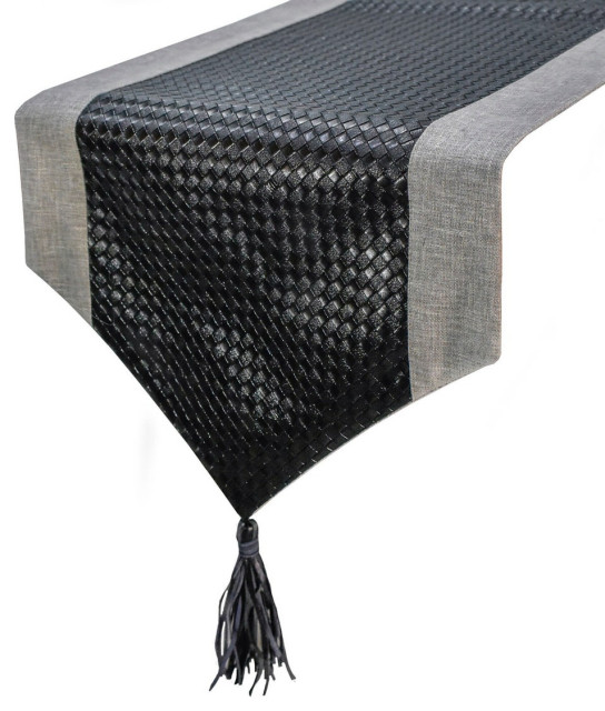 Black Leathersmith - Black Faux Leather & Linen Decorative Table Runner ...
