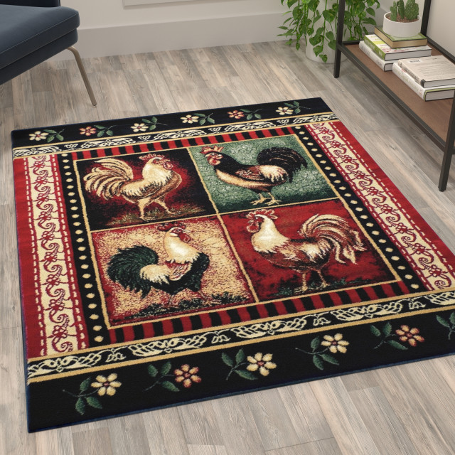 Angie Collection Rectangle 4' x 5' Red Rooster Themed Area Rug ...