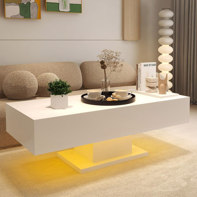 Modern Coffee Table, Spacious Rectangular Top With RGB Lights, High ...