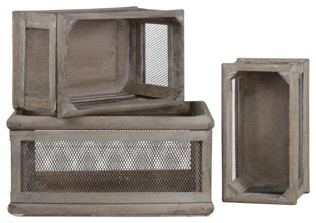 Wood Rectangle Basket with Metal Mesh Design Side, Set of Three, Tan ...