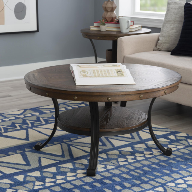 Industrial Round Coffee Table with Curved Legs and Nailhead Trim ...