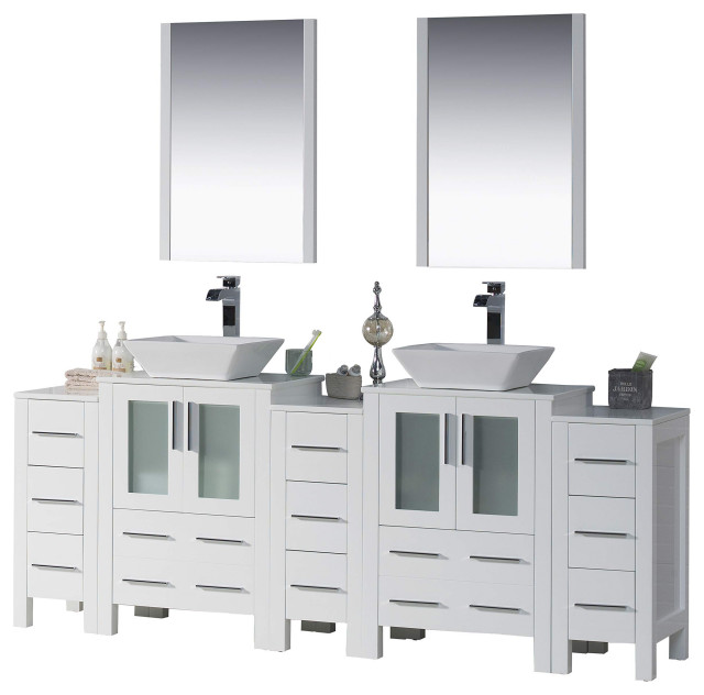 Sydney 84" Vanity With Ceramic Double Vessel Sinks & Mirrors, White ...