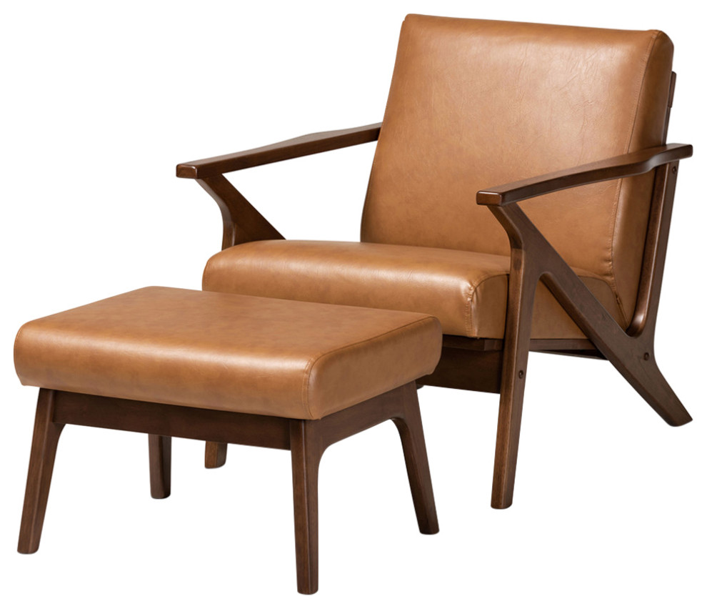Bianca Mid-Century Modern Lounge Chair and Ottoman Set, Tan Faux ...