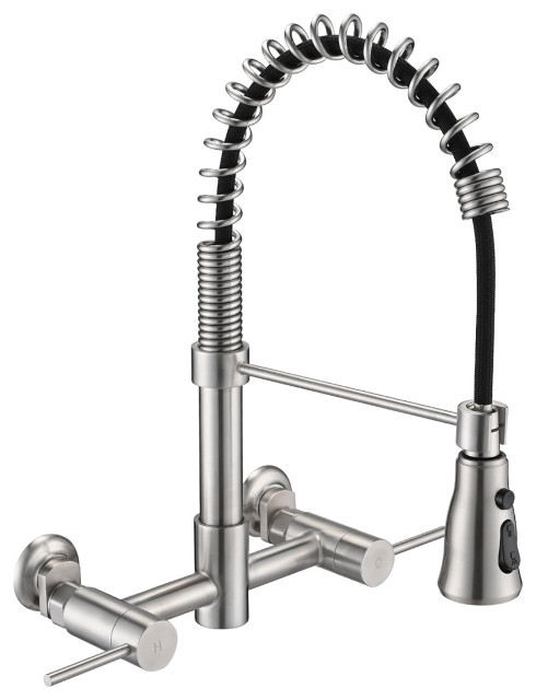 Double Handle Wall Mounted Spring Neck Bridge Kitchen Faucet ...