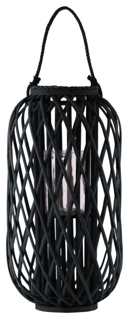 Round Bamboo Lantern with Rope Handle and Lip, Coated Black Finish ...
