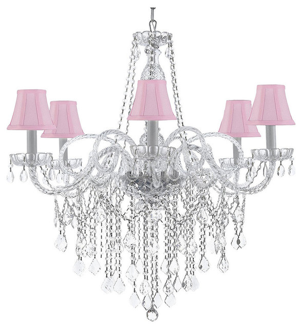 Crystal Chandelier 6-Light With Pink Shades - Traditional - Chandeliers ...