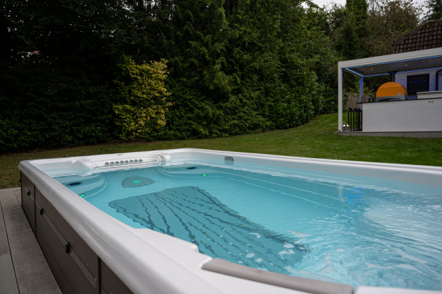 Outdoor Kitchen Swim Spa And Pergola Project Modern Swimming Pool And Hot Tub Essex By