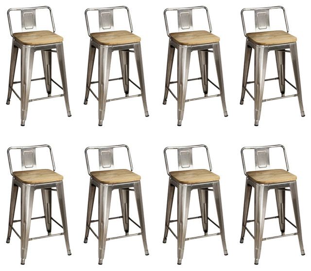 Gunmetal 24" Low Back Metal Bar Stools With Wooden Seat Set of 8 ...