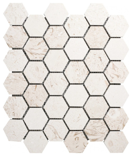 Shell Stone Limestone 2" Hexagon Honed on 12"x12" Mosaic Tile (10 sqft ...